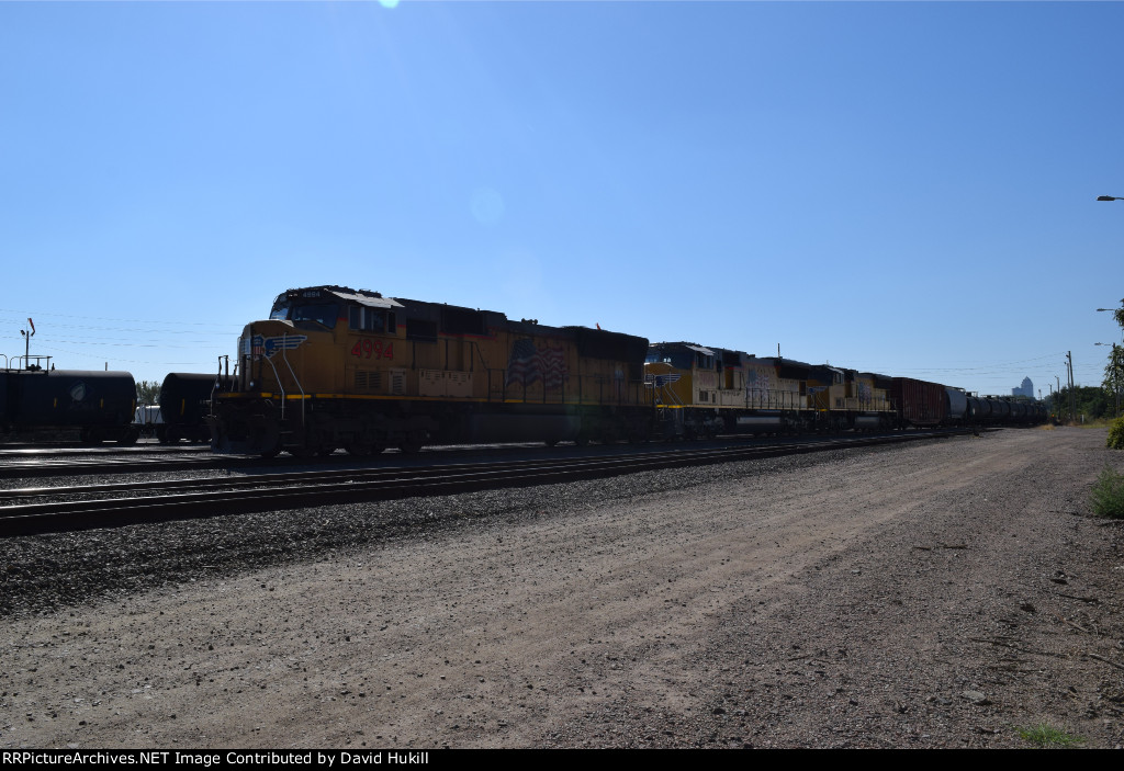 UP Engines 4994 3848 5169, leading train, Des Moines IA